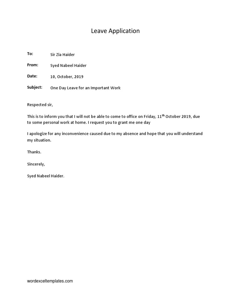 One Day Leave Application Template | PDF | Law