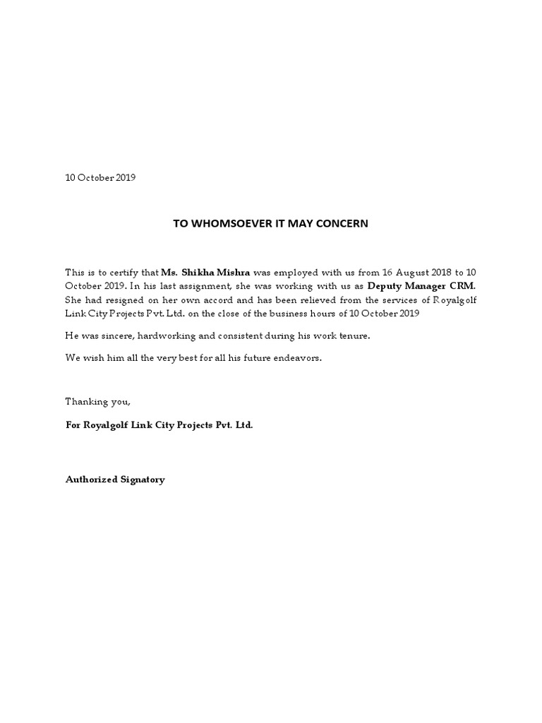 Relieving Letter - Shikha Mishra | PDF | Law