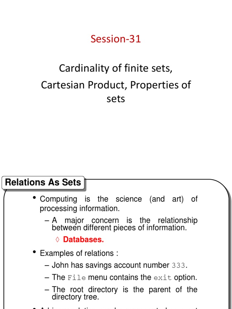 Session-31: Cardinality of Finite Sets, Cartesian Product, Properties ...