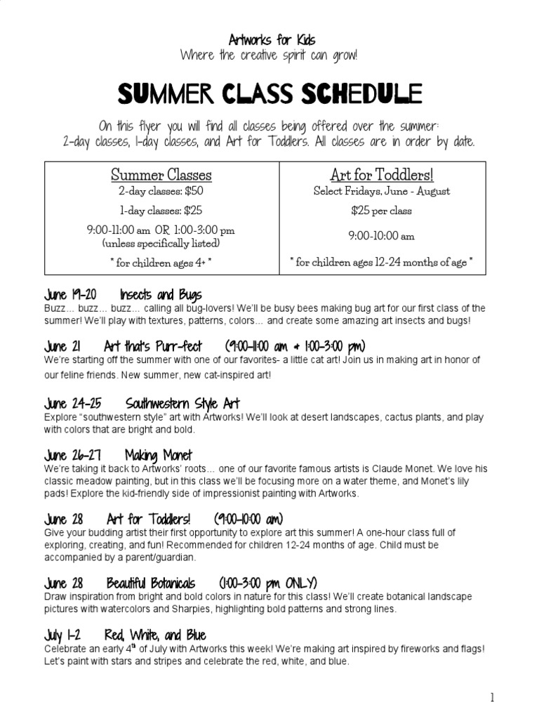 Summer Class Schedule: Summer Classes Art For Toddlers! | PDF | Vincent ...