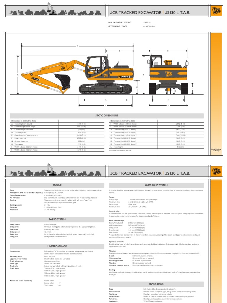 Specifications and Dimensions of the JCB Tracked Excavator JS130 L T.A ...