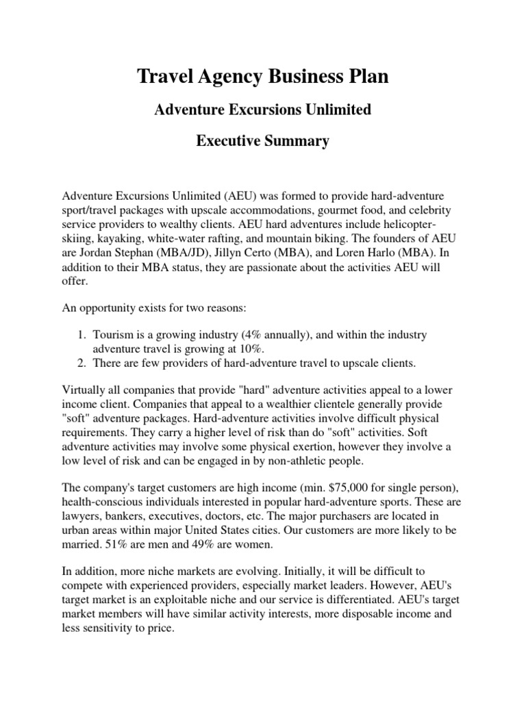 Travel Agency Business Plan: Adventure Excursions Unlimited Executive ...
