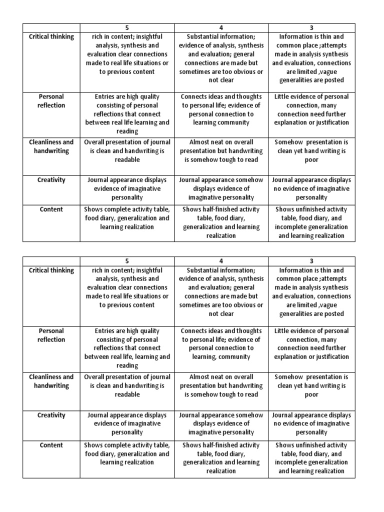 PE Journal Rubric | Download Free PDF | Critical Thinking | Learning