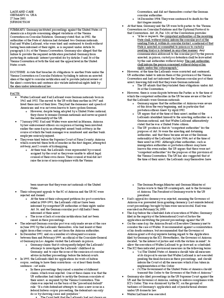 LaGrand Case (Germany vs. US) | PDF | Treaty | Government Information