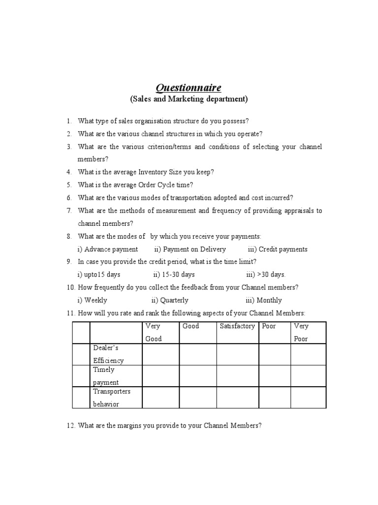 Questionnaire- Dealers Company | Sales | Brand