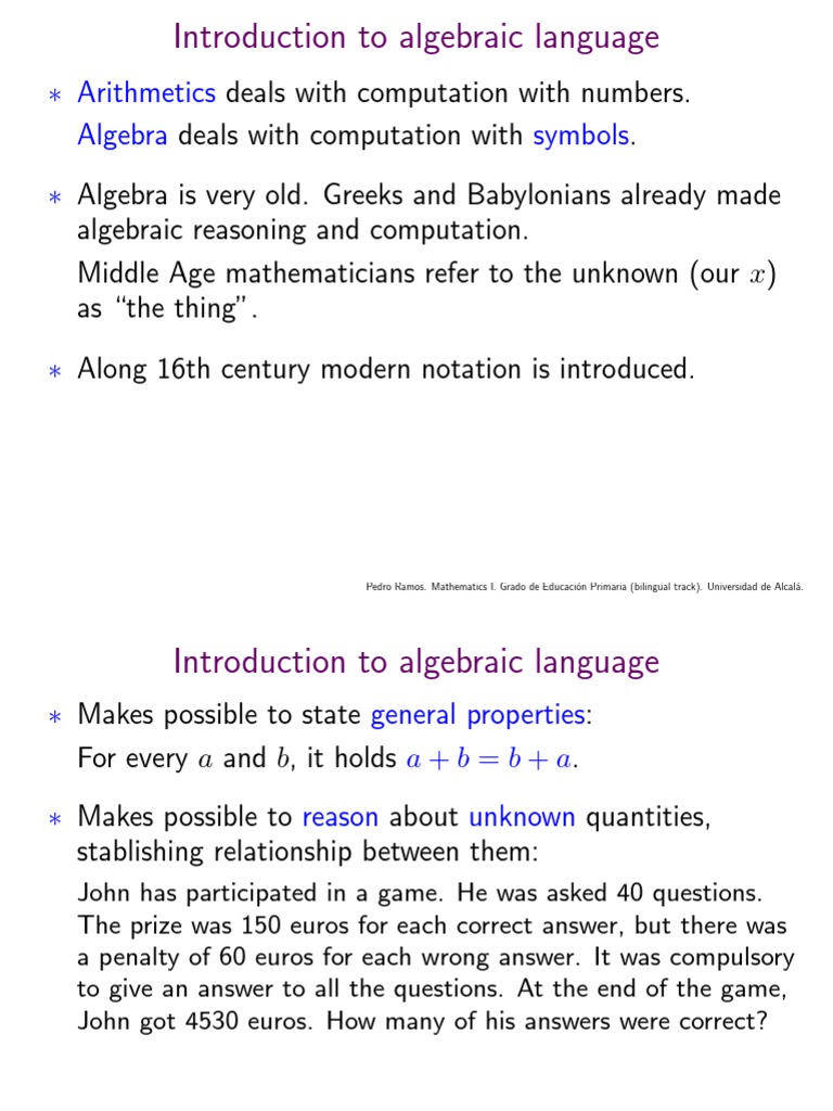 Introduction To Algebraic Language: Arithmetics Algebra Symbols | PDF ...