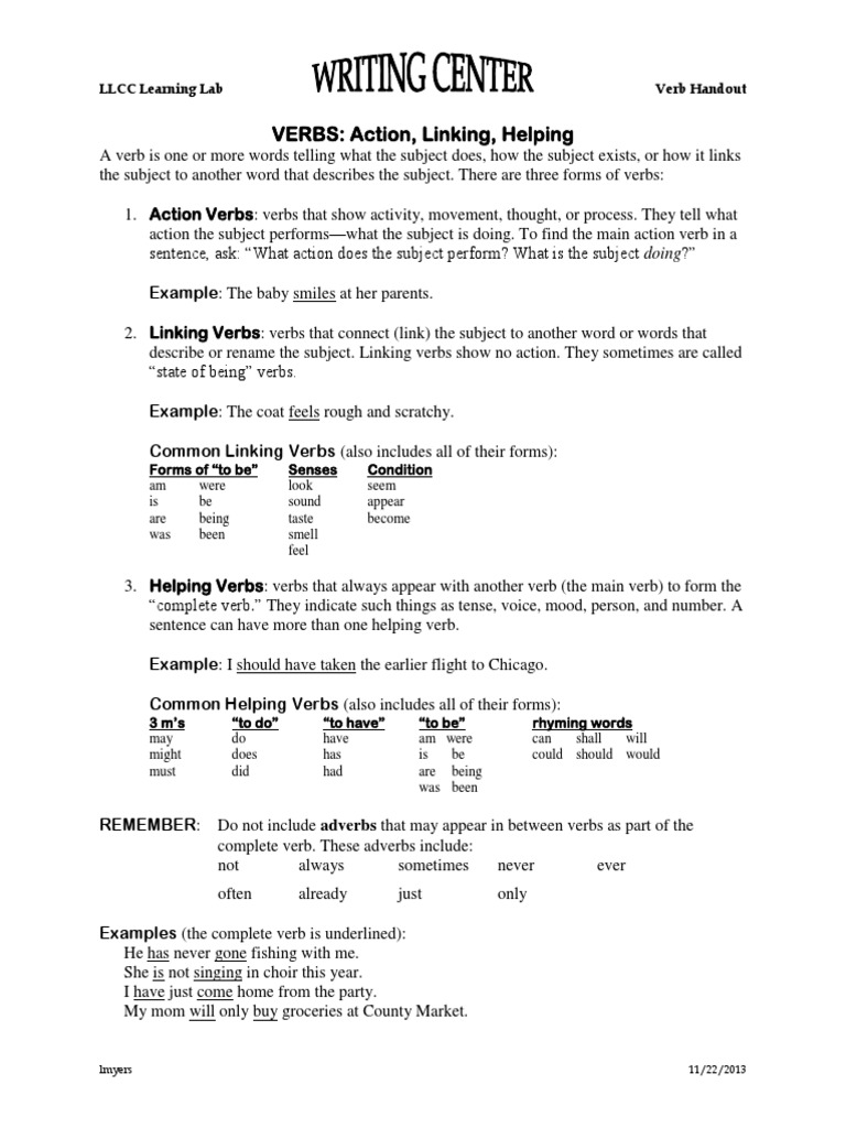 Verb Handout | PDF | Verb | Subject (Grammar)