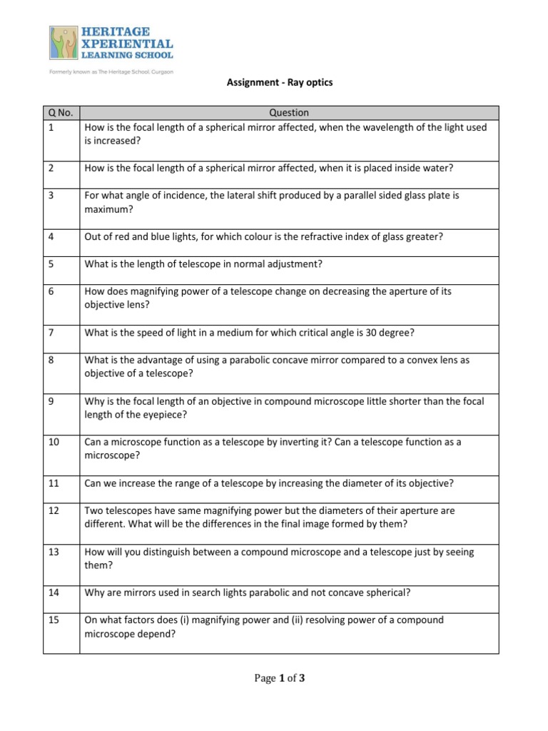 Ray Optics Assignment | PDF | Lens (Optics) | Optics