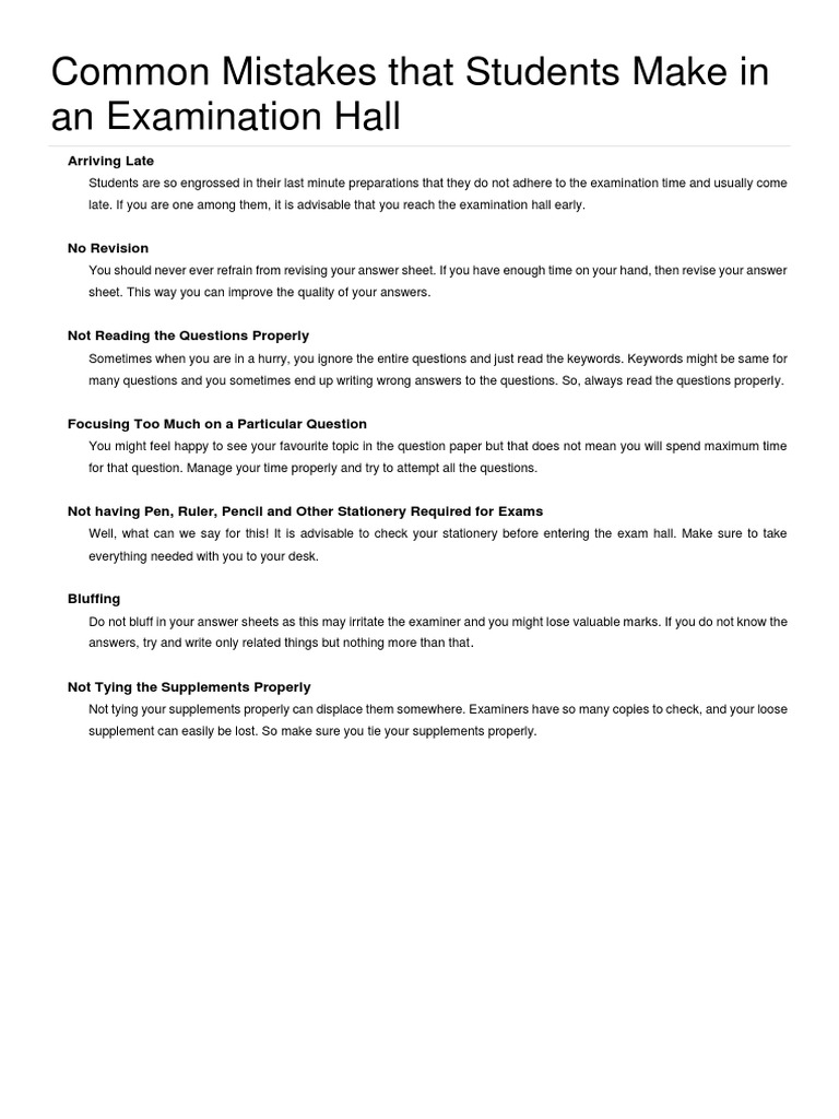 Exam Hall Mistakes Students Make | PDF | Career & Growth | Self-Improvement