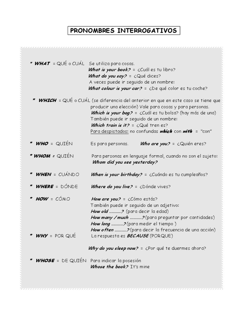 Guía de Pronombres Interrogativos | PDF | Asunto (gramática ...