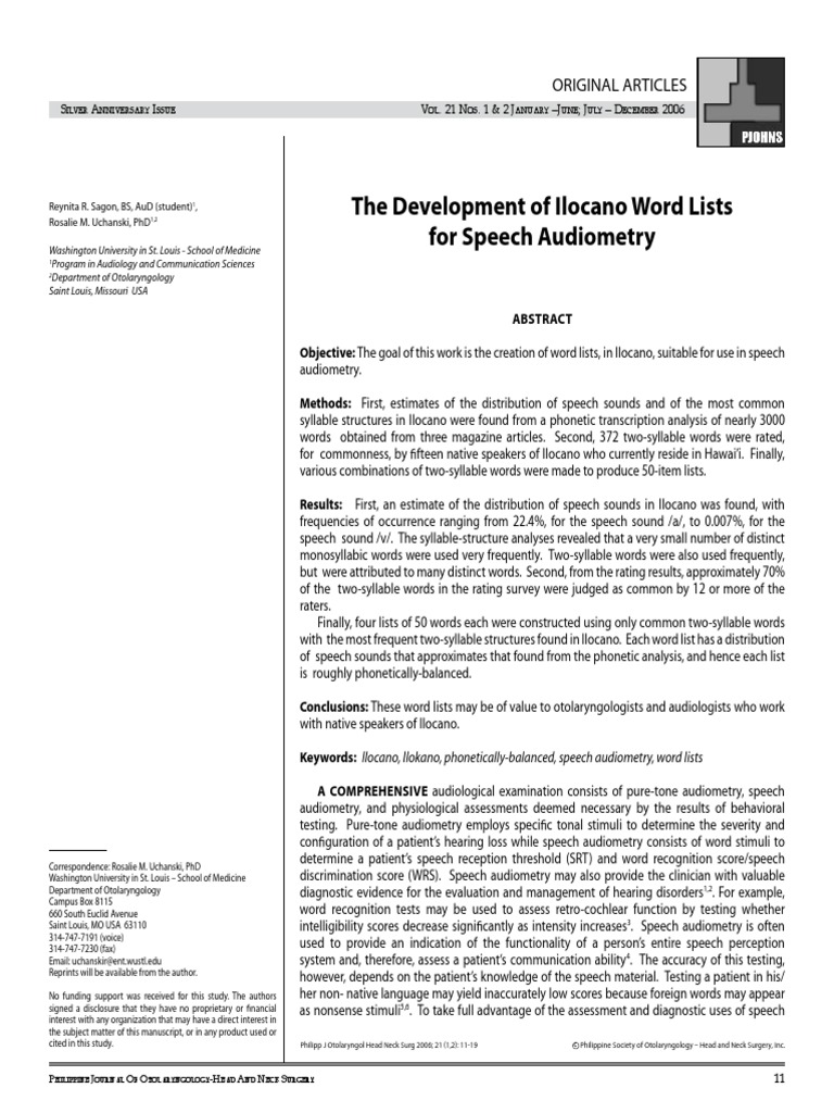 Developing Ilocano Word Lists for Speech Audiometry | PDF | Phoneme ...