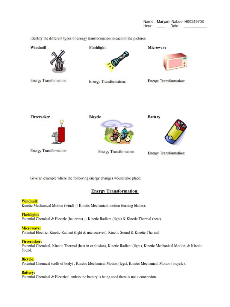 Energy Transformation Worksheet Answer Intro. To Energy, Forces,