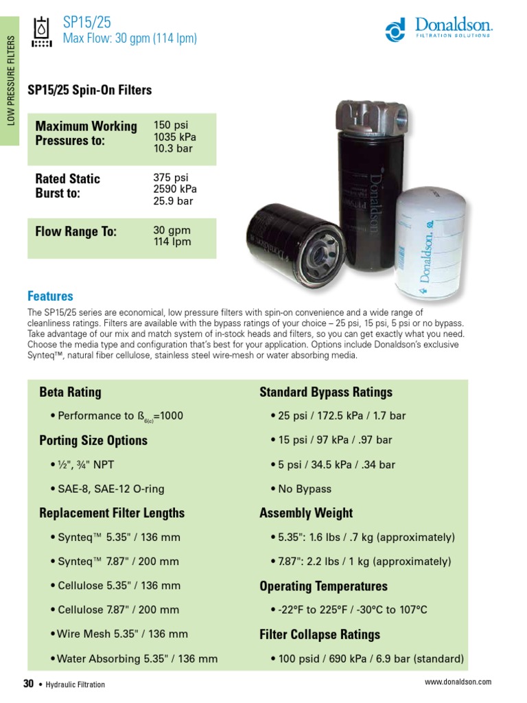 Max Flow: 30 GPM (114 LPM) : SP15/25 Spin-On Filters | PDF | Filtration | Chemical Engineering