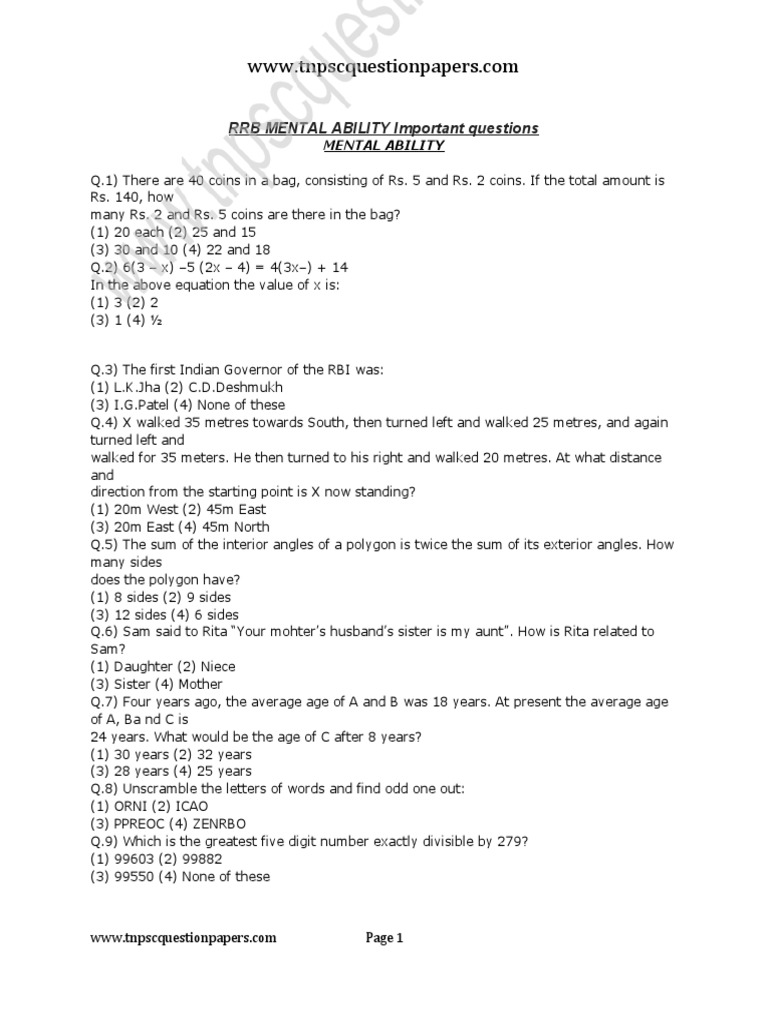 RRB MENTAL ABILITY Important Questions | PDF | Elementary Mathematics | Teaching Mathematics
