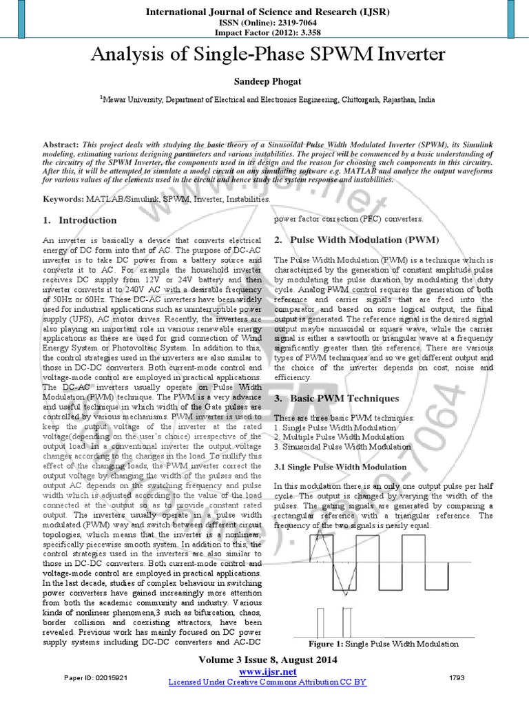 Analysis of Single-Phase SPWM Inverter: Sandeep Phogat | PDF | Power Inverter | Electronic ...