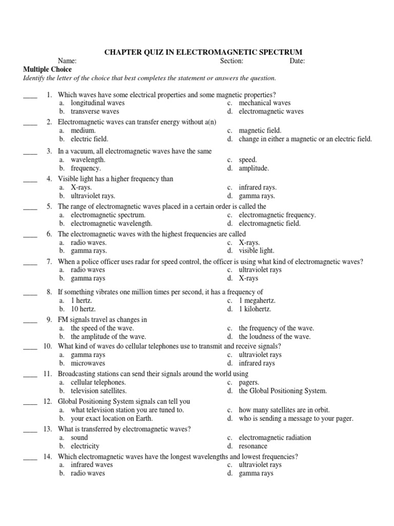 Electromagnetic Spectrum Quiz | PDF | Electromagnetic Radiation ...