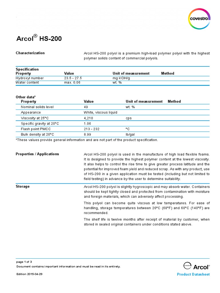 Poliol Arcol Hs 200 | PDF | Viscosity | Nature