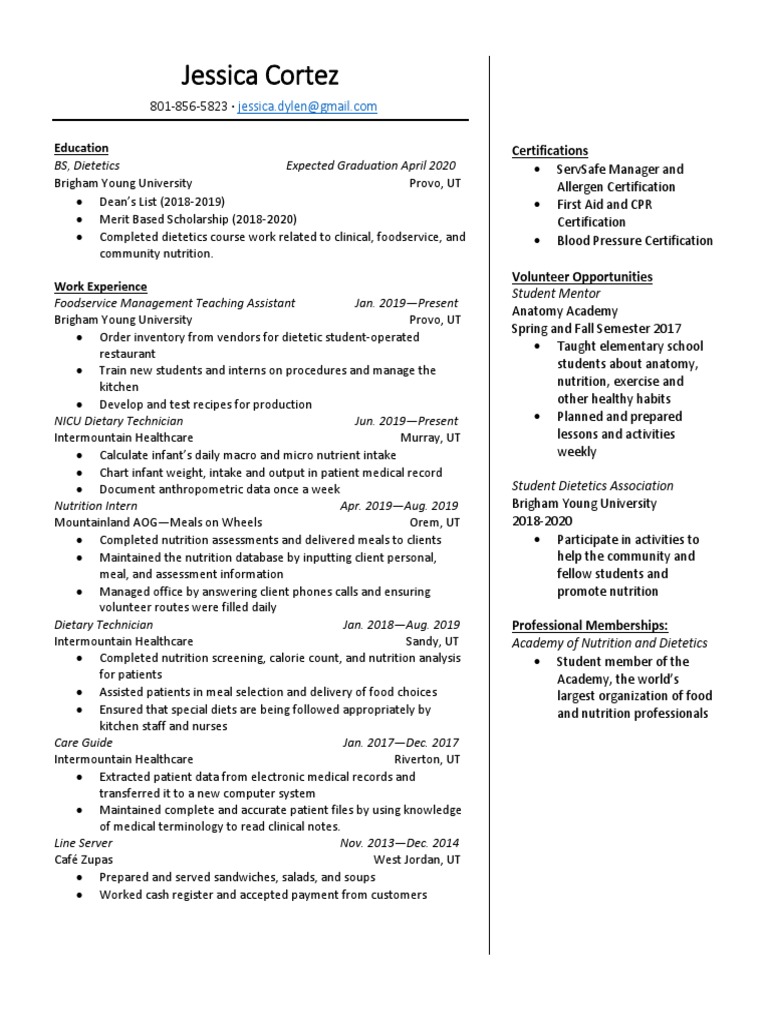 Jessica Cortez Official Resume 1 | PDF | Dietitian | Nutrition