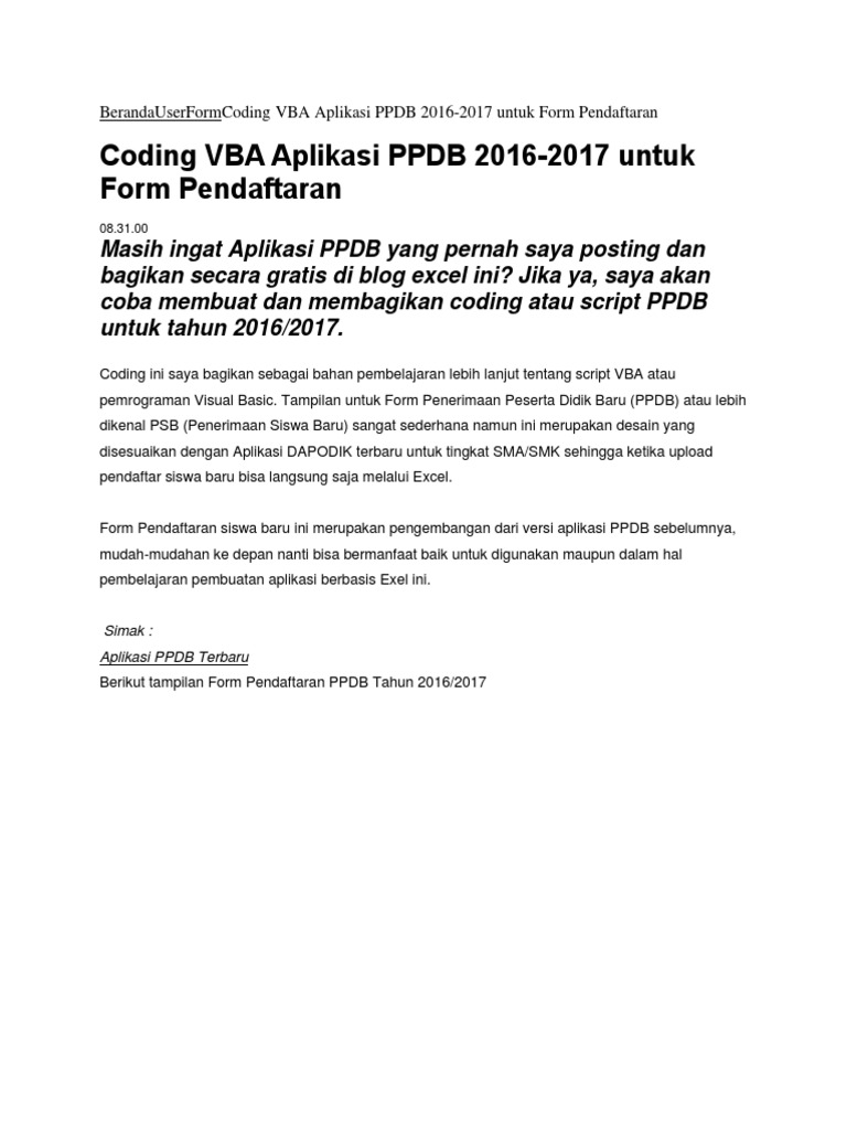 Coding VBA PPDB 2016-2017 Excel | PDF | Metode & Bahan Ajar
