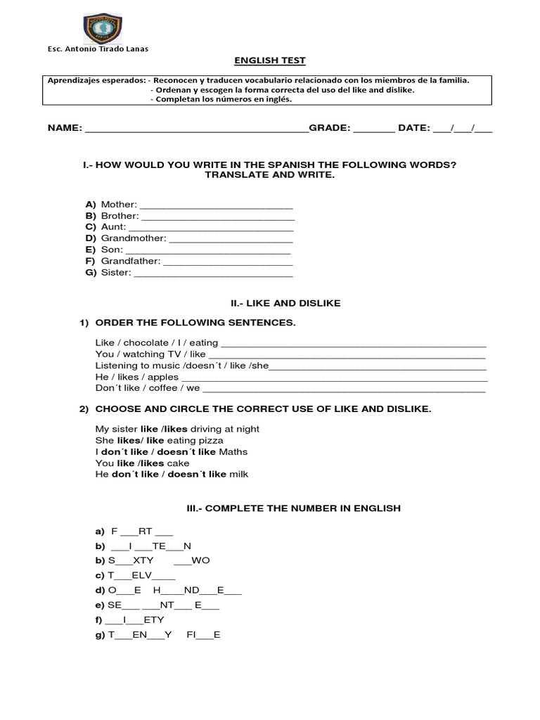 English Family Vocabulary Test | PDF