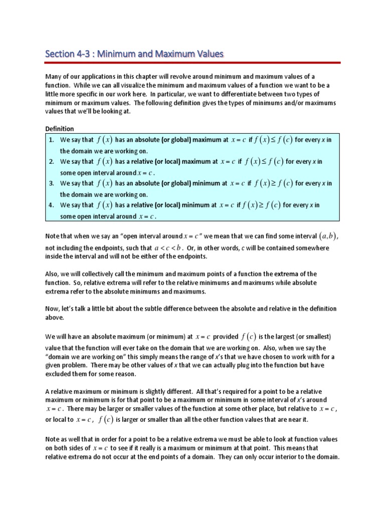 Section 4-3: Minimum and Maximum Values: FX X C FX FC | PDF | Maxima ...