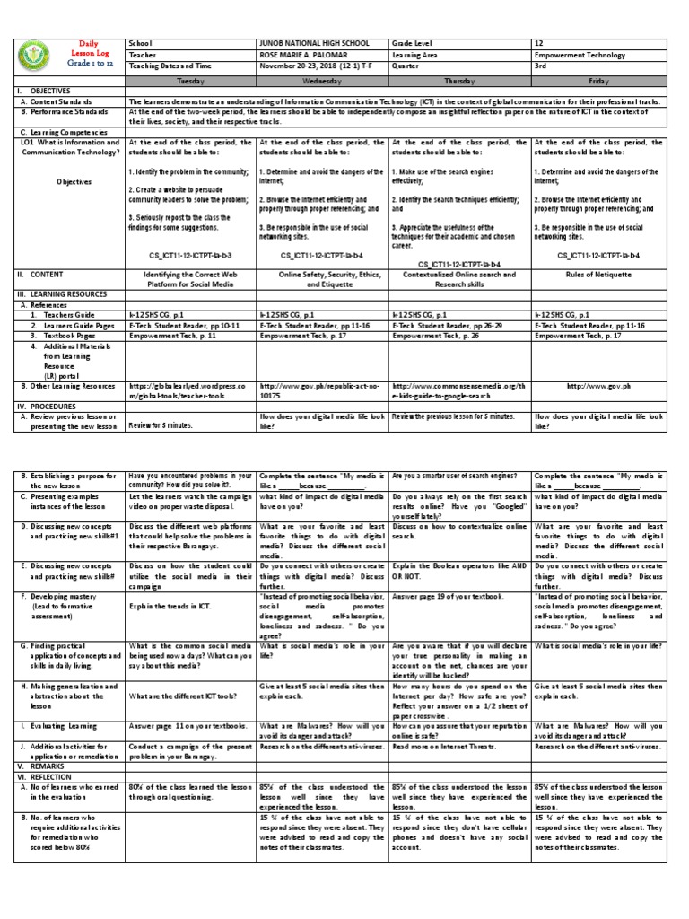 Empowerment Technology Lesson Plan | PDF | Social Media | Popular ...