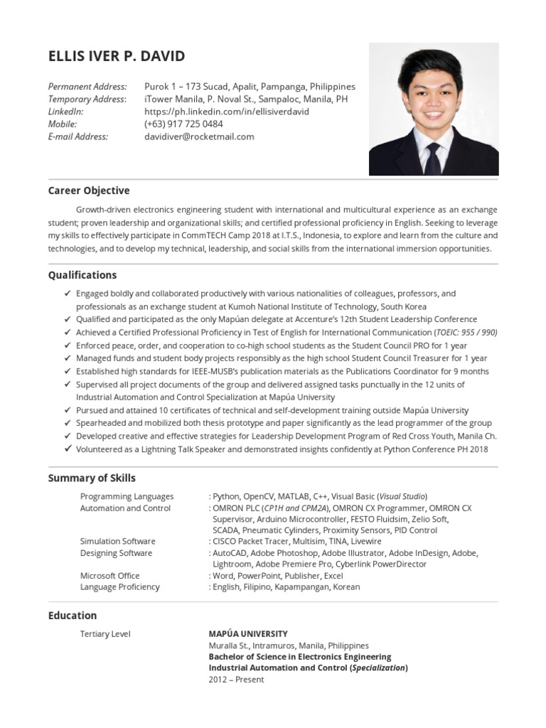 An Impressive Resume for Ellis Iver P. David Seeking an International ...