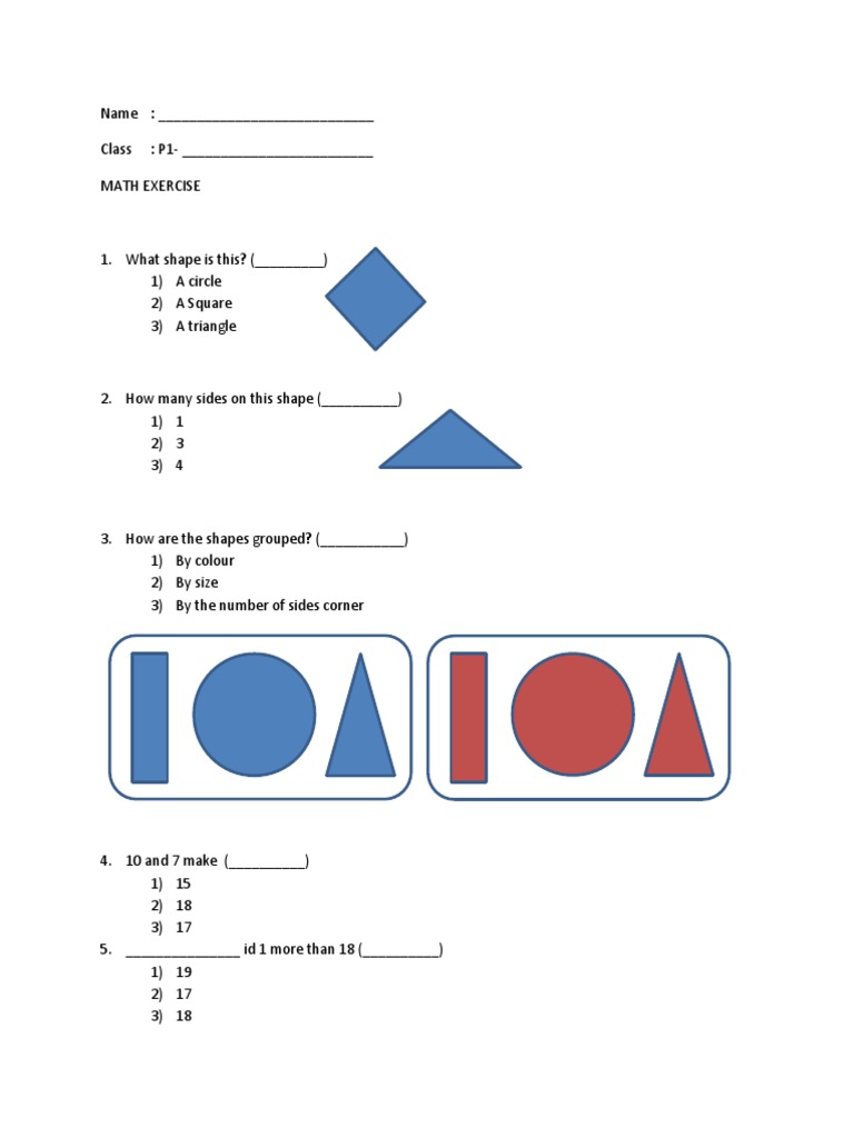 Math Exercise For Primary 1 | PDF | Elementary Mathematics | Space