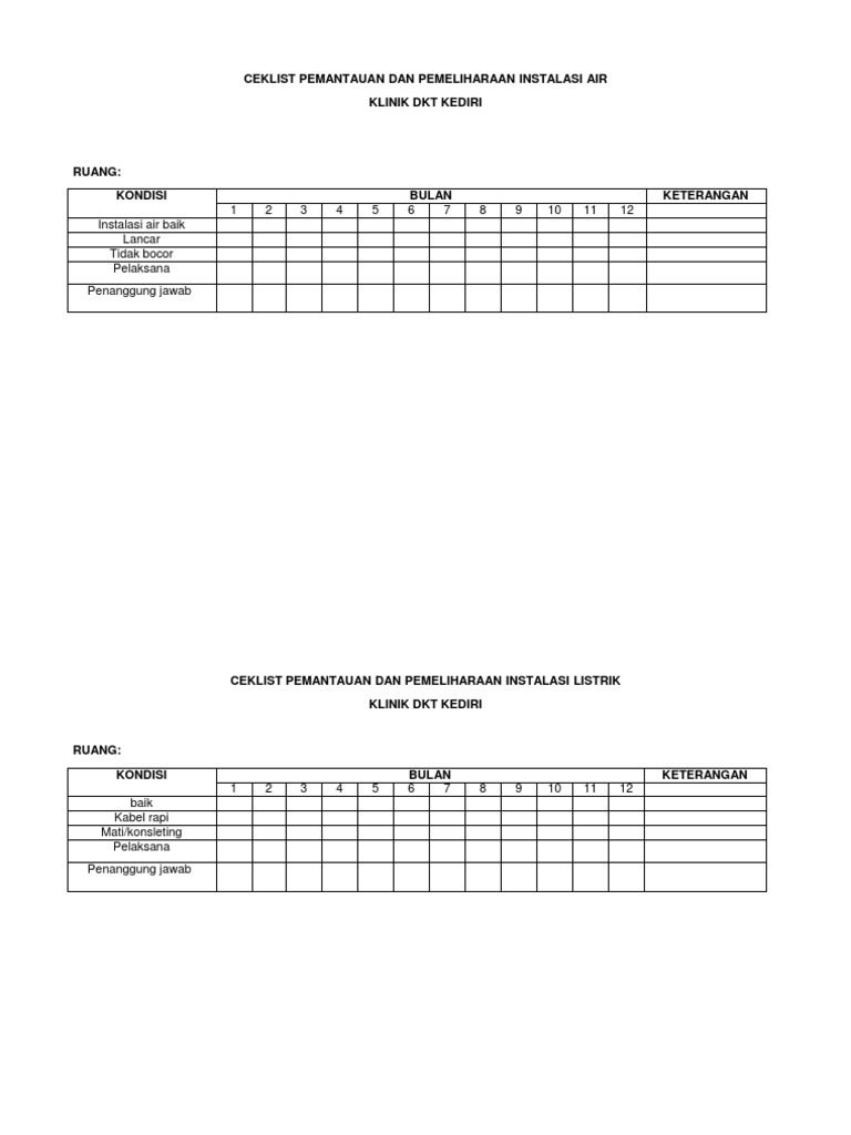 Ceklist Pemantauan Dan Pemeliharaan Instalasi Air | PDF