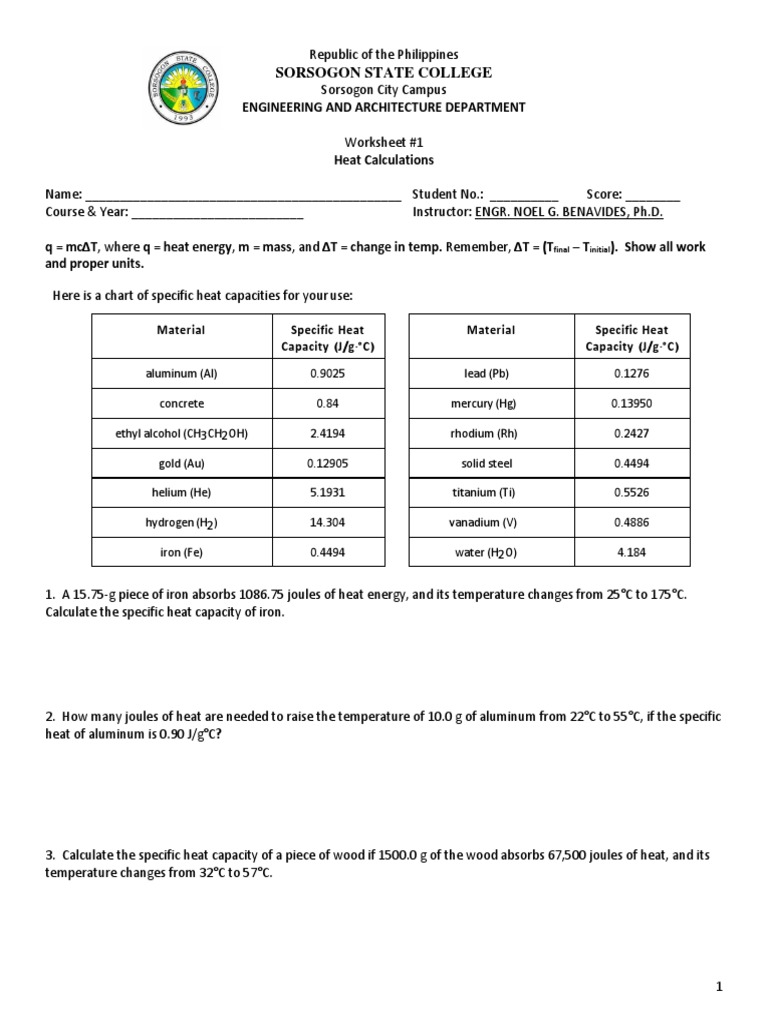 WS 1 Heat Calculations | PDF | Heat Capacity | Heat