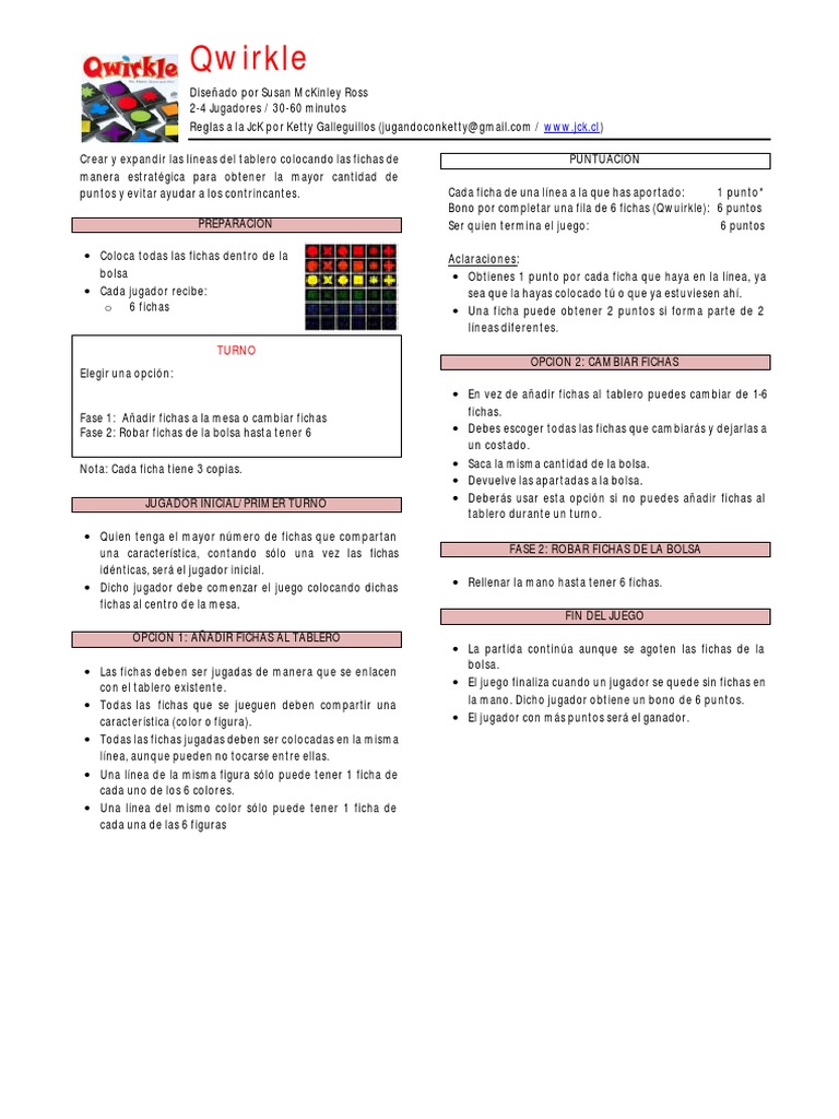 Qwirkle - Reglas en Espanol A La JCK | PDF | Juego de azar | Actividades de ocio