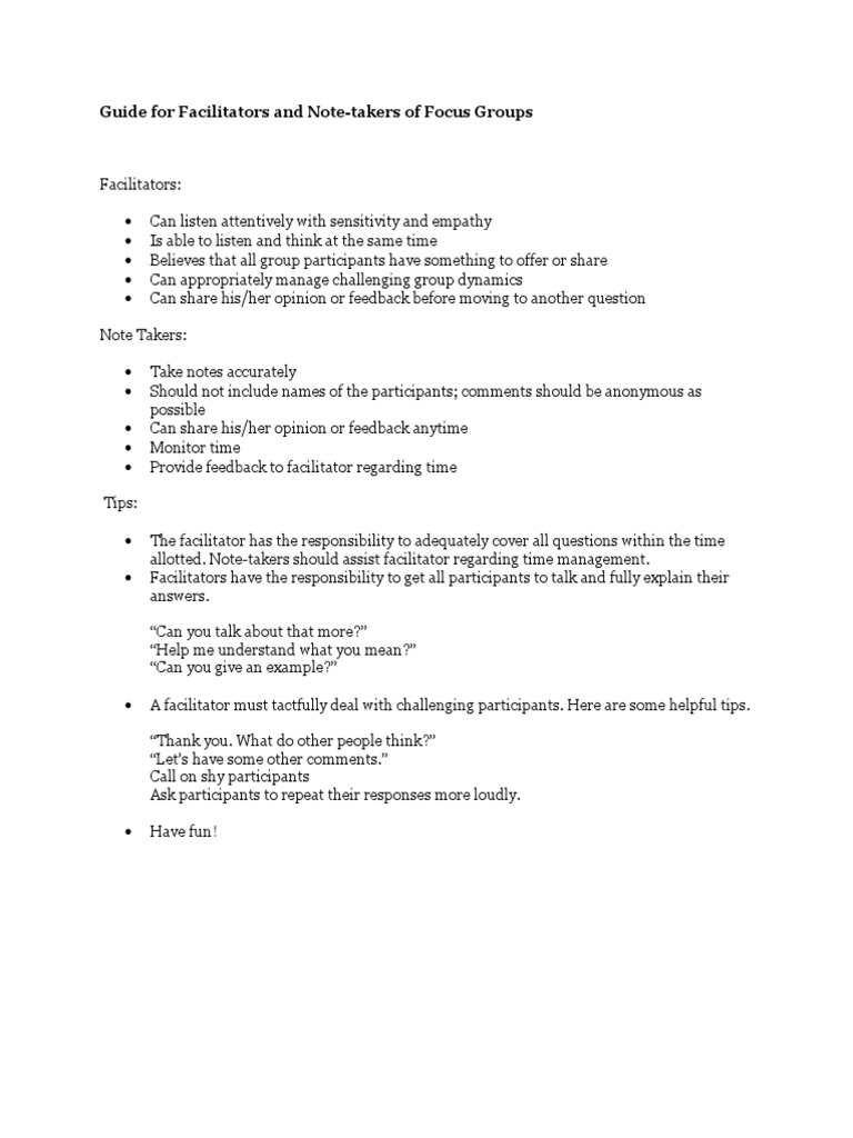 Guide For Facilitators and Note-Takers of Focus Groups | PDF