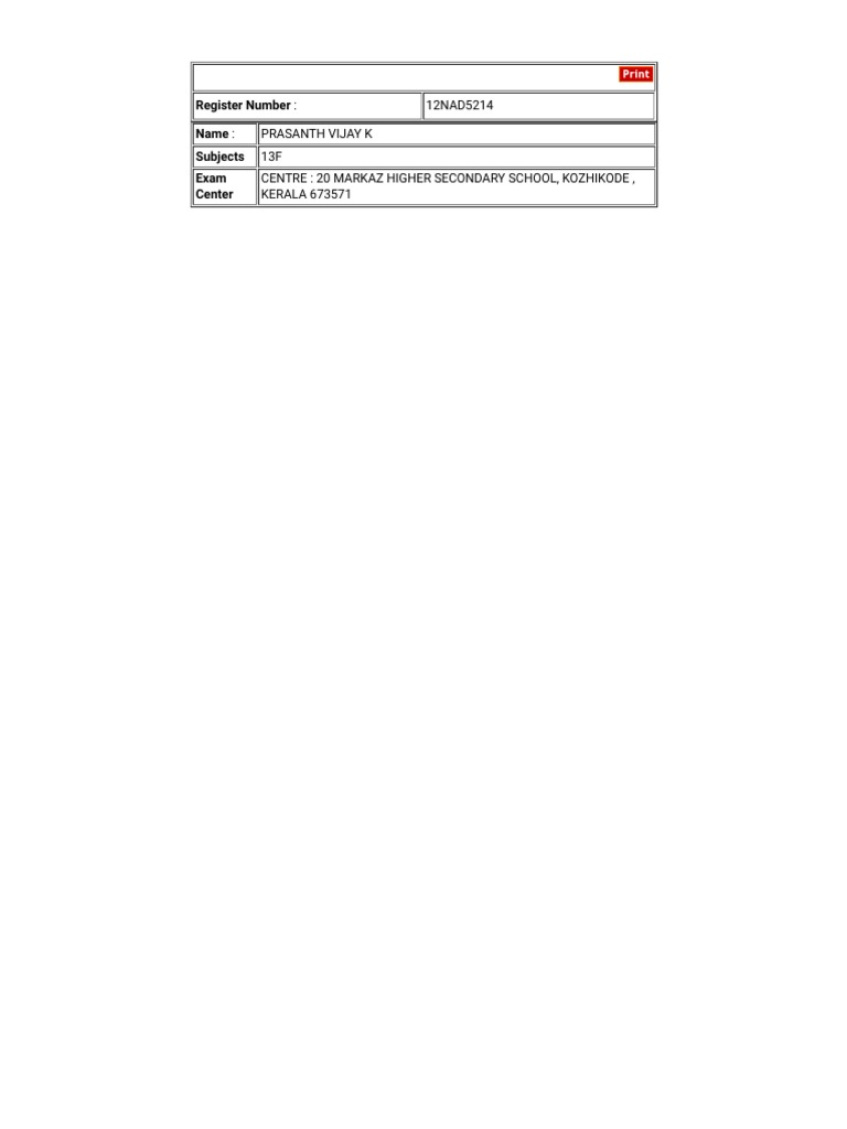 Register Number: Name: Subjects Exam Center | PDF