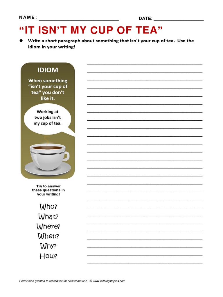Cup Tea Idiom Writing Activity | PDF | Communication | Learning