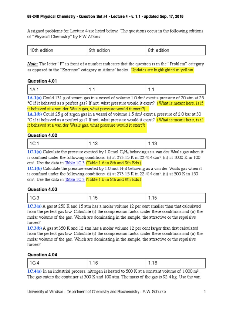 59-240 Physical Chemistry - Question Set #4 - Lecture 4 - v. 1.1 ...