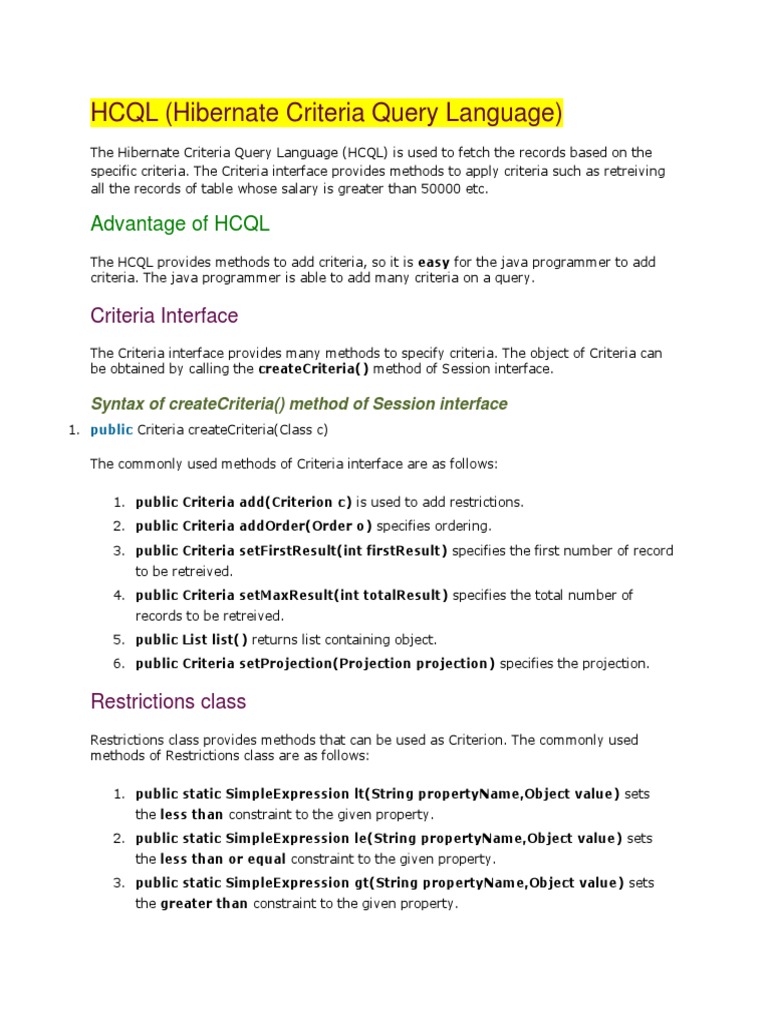 HCQL Hibernate | PDF | Method (Computer Programming) | Object (Computer ... HCQL Hibernate | PDF | Method (Computer Programming) | Object (Computer ...