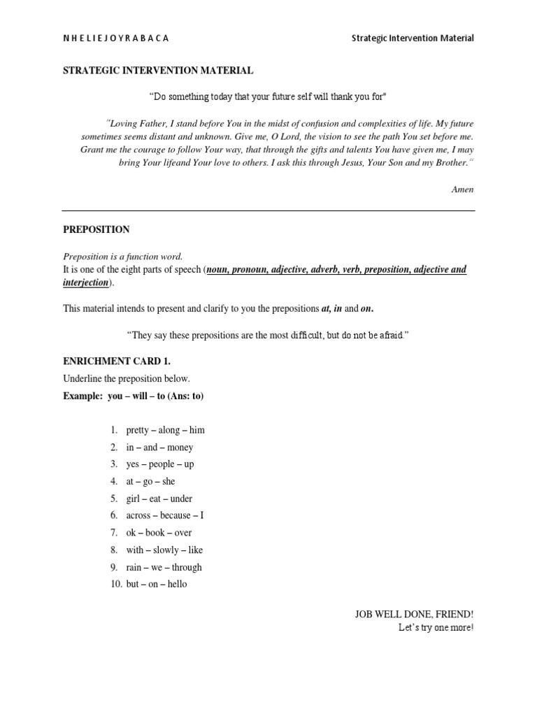 Strategic Intervention Material: Interjection) | PDF | Preposition And ...
