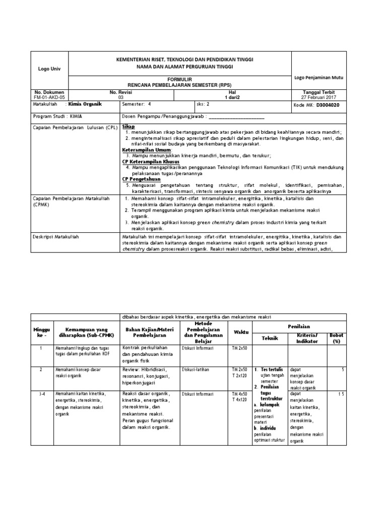 Contoh RPS MK DR Panduan KPT | PDF