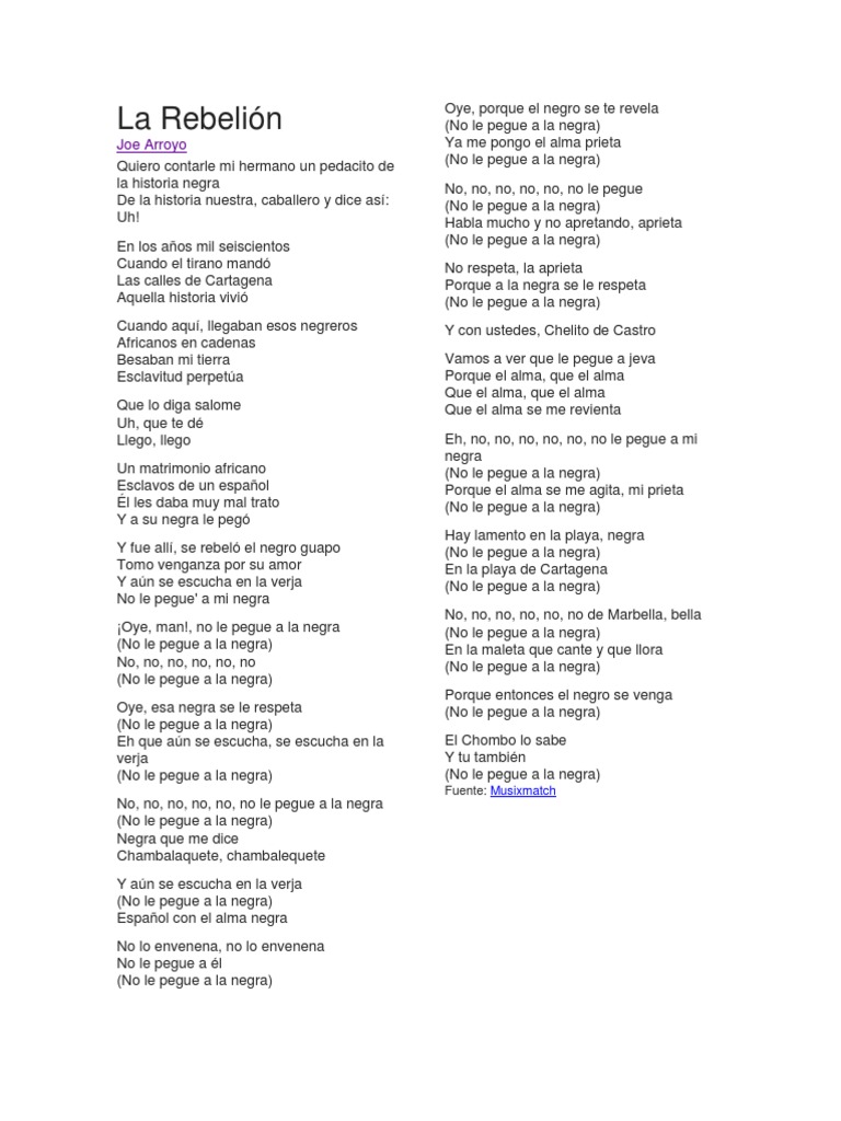 Letra de "La Rebelión" de Joe Arroyo | PDF