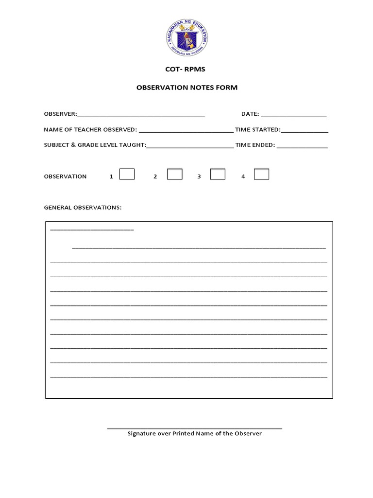 Cot-Rpms Observation Notes Form | PDF | Curriculum | Learning