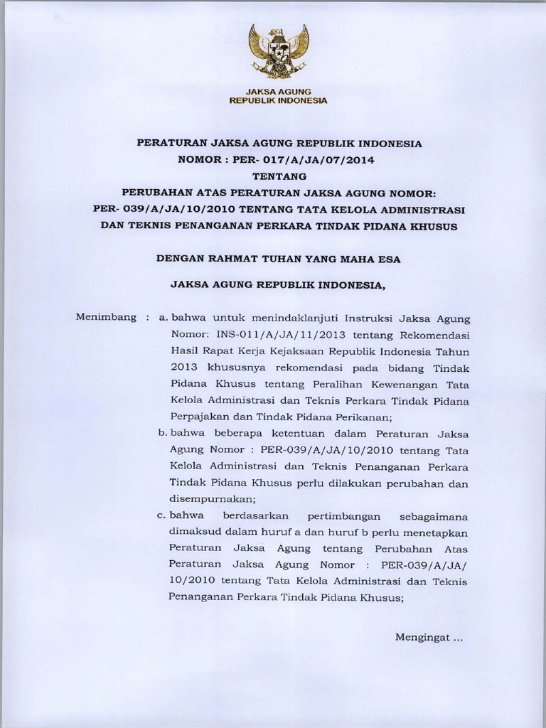 Peraturan Jaksa Agung Tentang Penanganan Perkara Tindak Pidana | PDF