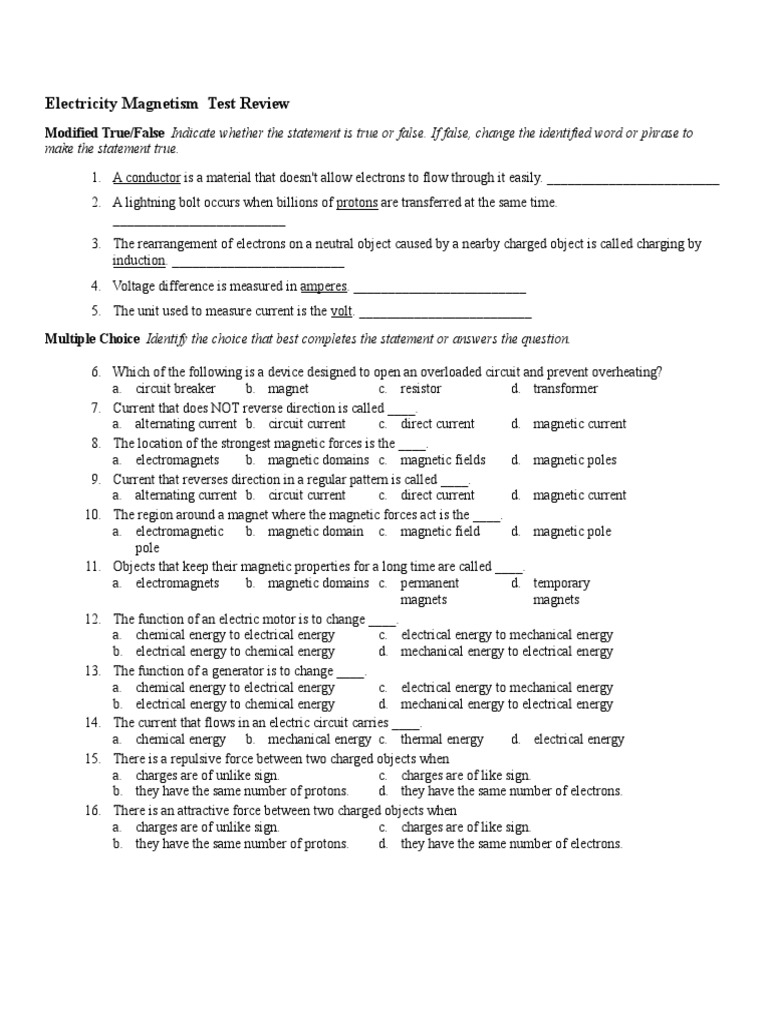 Electricity Magnetism Test Review W-Key | PDF | Electric Current ...