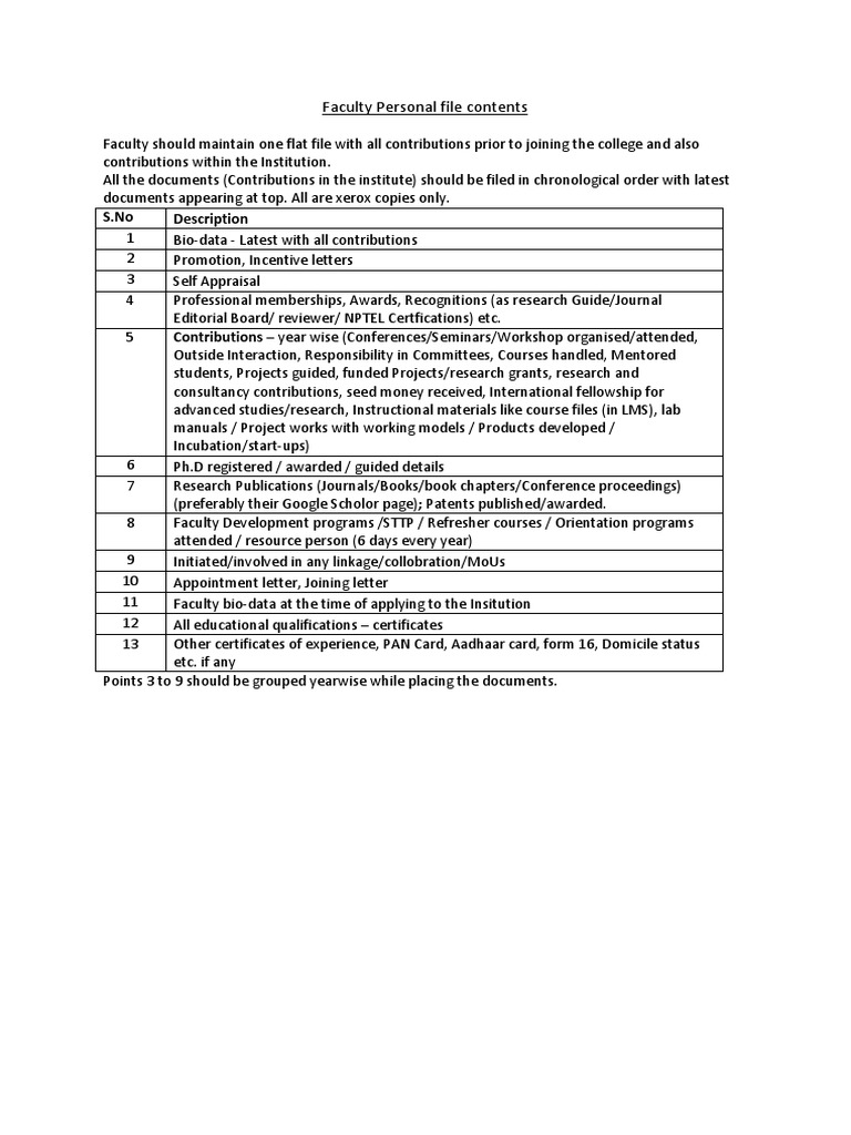 Faculty Personal File Contents: S.No Description | PDF