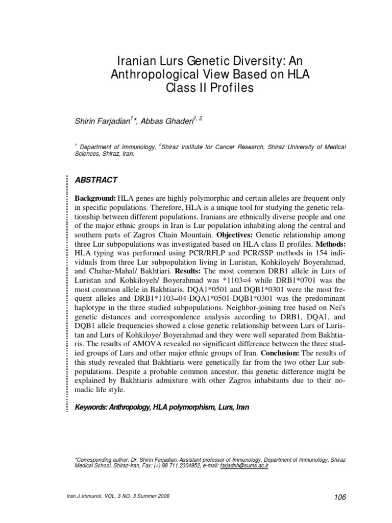 Iranian Lurs Genetic Diversity: An Anthropological View Based On HLA ...