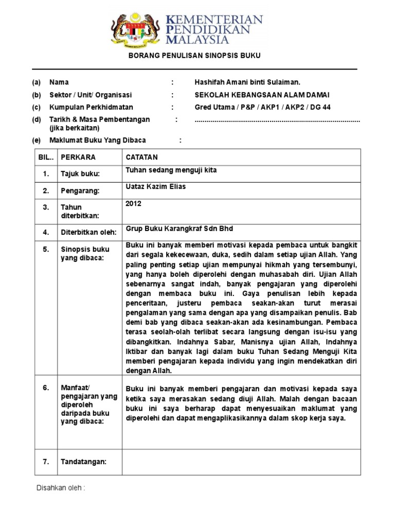 Borang Penulisan Sinopsis Buku (LDP) 2 | PDF