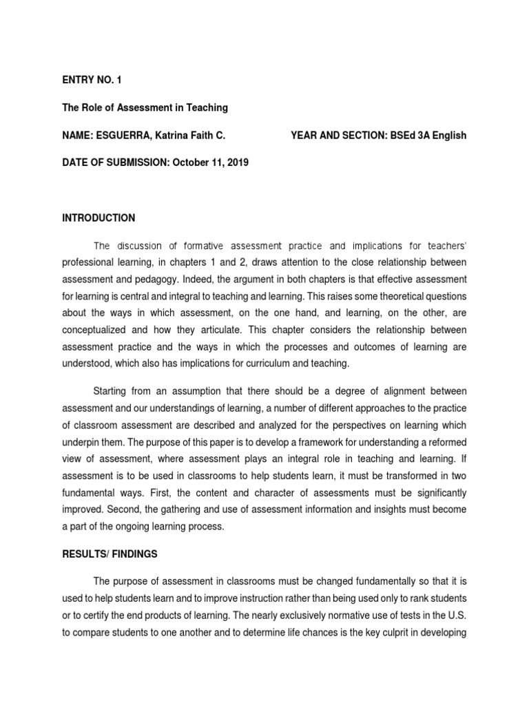 Assessment for Learning: Developing a Framework for Understanding the ...