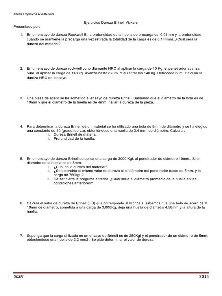 Ejercicios Resueltos Sobre Métodos De Ensayo De Dureza Brinell Vickers