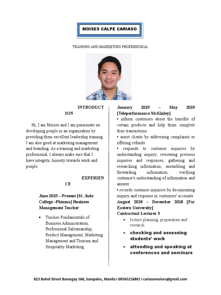 Moises' Final Resume 2019 CCE | PDF | Marketing | Master Of Business ...