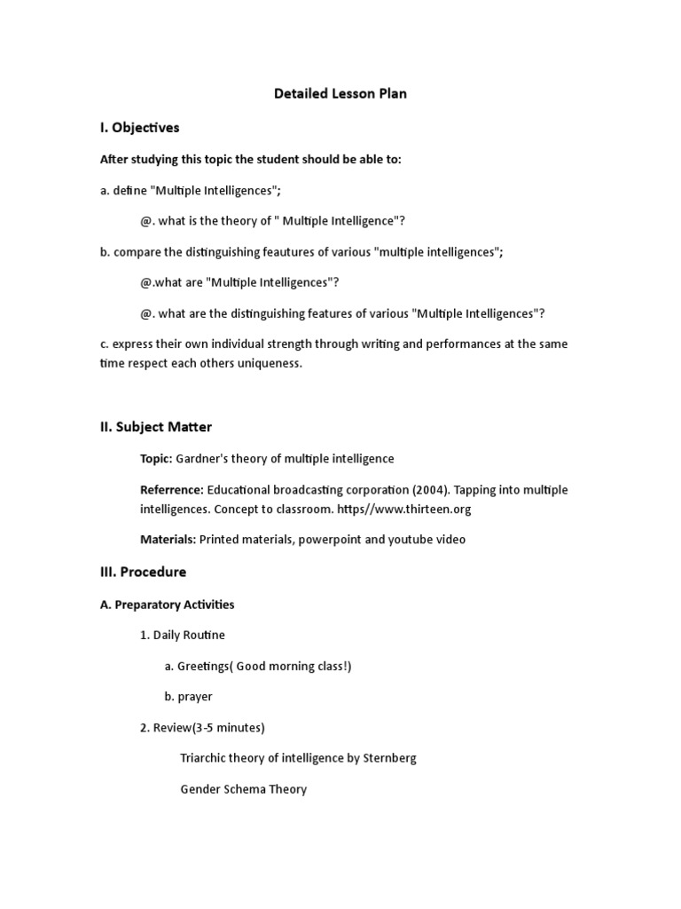 Detailed Lesson Plan | PDF | Self Awareness | Intelligence