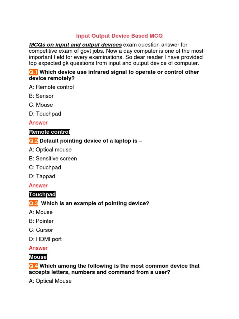 Input Output Device Based Mcq Pdf Pdf Computer Keyboard Printer Computing